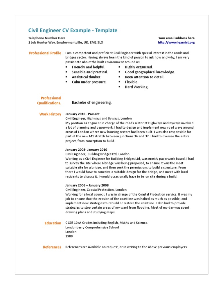 Civil Engineer CV Example | Engineer | Civil Engineering