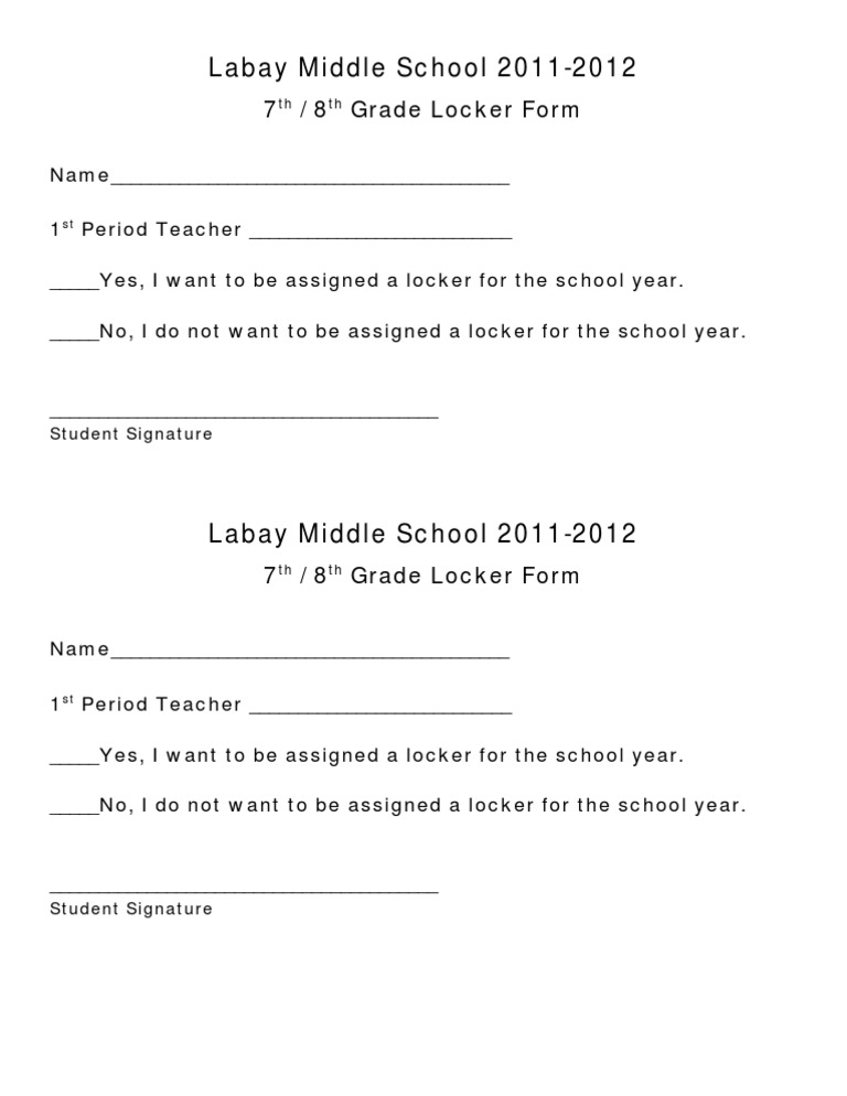Labay Middle School 2011-2012: 7 / 8 Grade Locker Form | PDF
