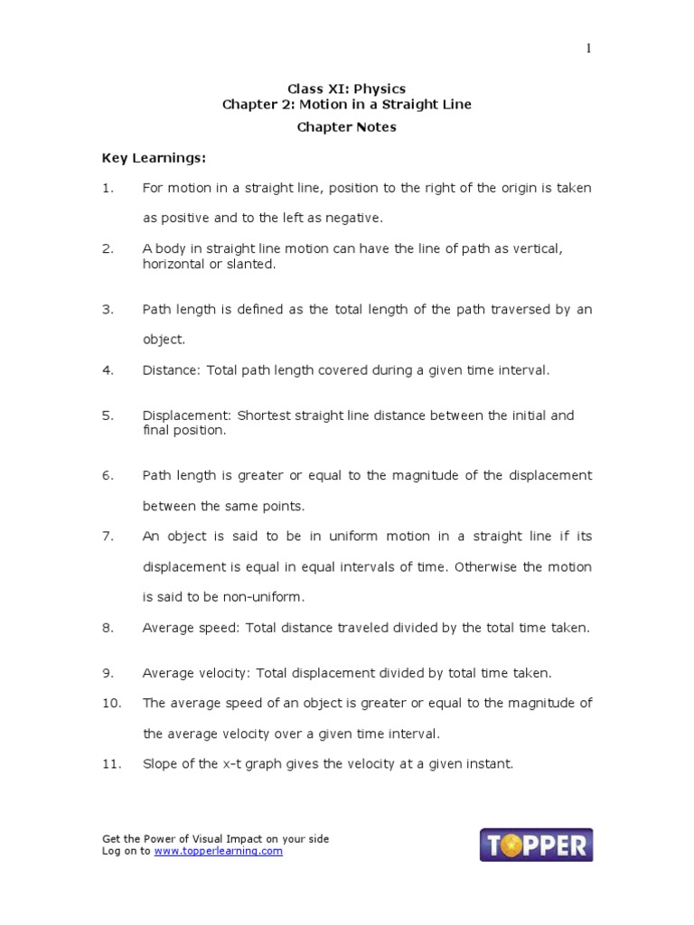 Class XI: Physics Chapter 2: Motion in A Straight Line Chapter Notes ...