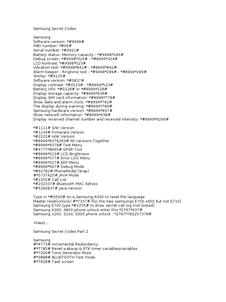 Samsung Secret Codes Guide | PDF | Computers