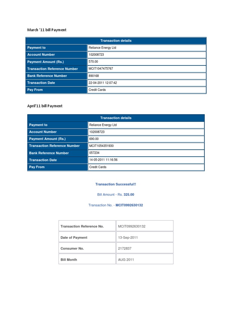 March '11 Bill Payment: Reliance Energy LTD 102008723 570.00 ...