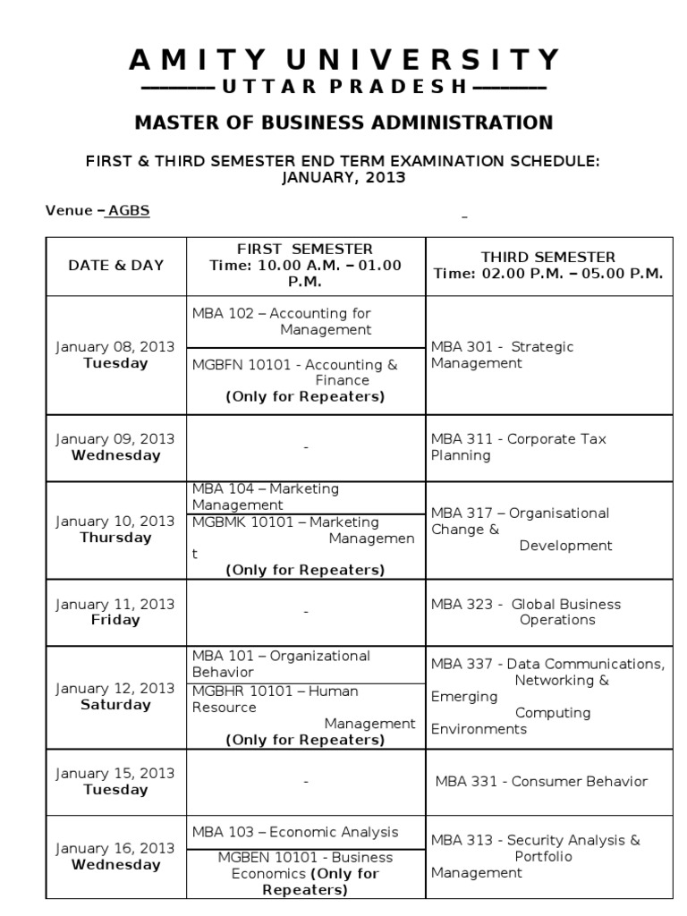 MBA (Regular) TimeTable | PDF