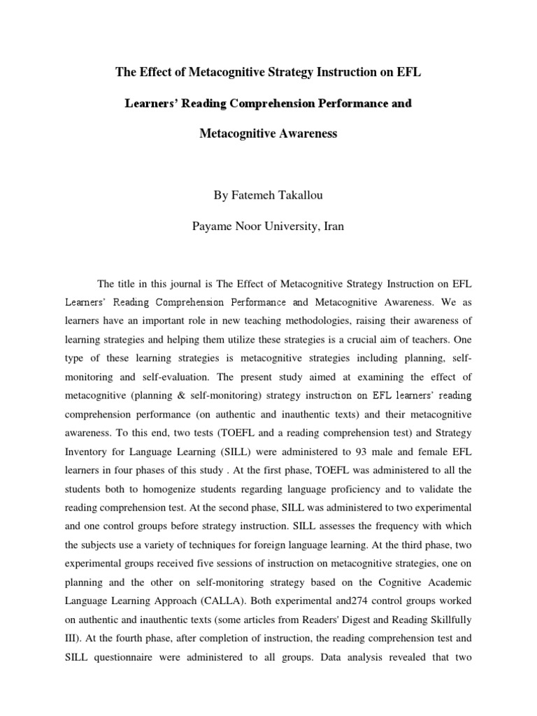 The Effect of Metacognitive Strategy Instruction On EFL Learners' Reading Comprehension ...