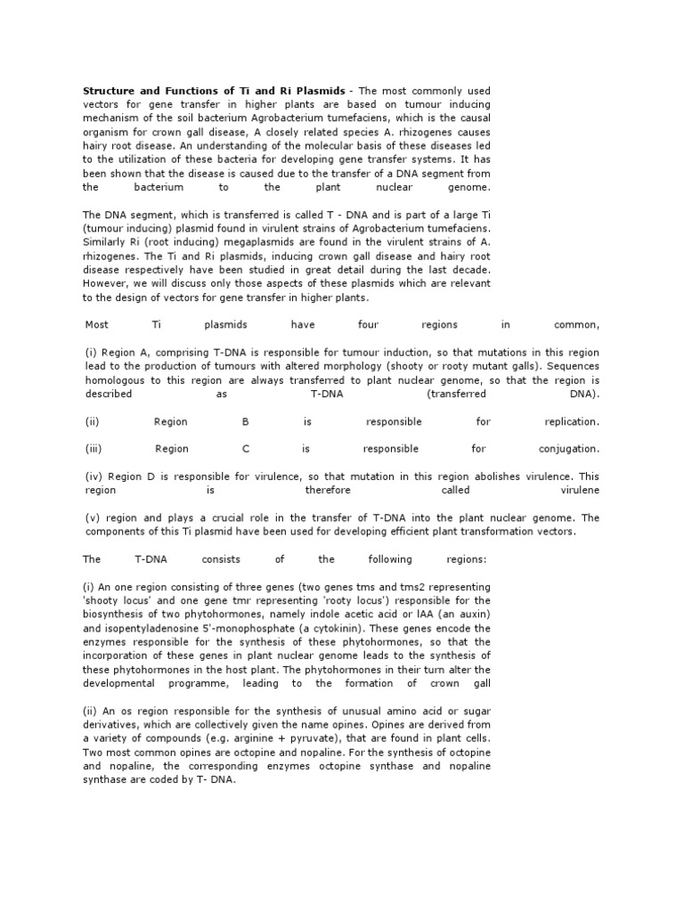 Structure and Functions of Ti and Ri Plasmids | PDF | Biochemistry ...