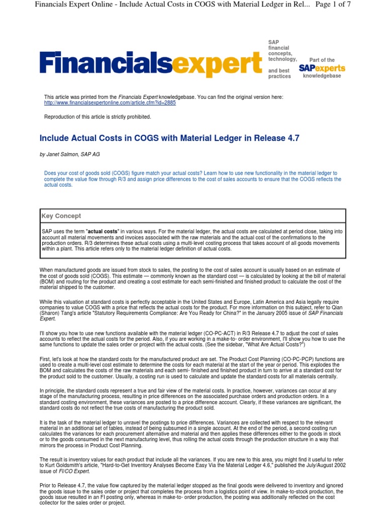 SAP COGS Via ACTUAL COSTING | PDF | Cost Of Goods Sold | Inventory
