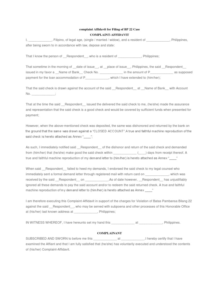 affidavit of complaint sample | Affidavit | Cheque
