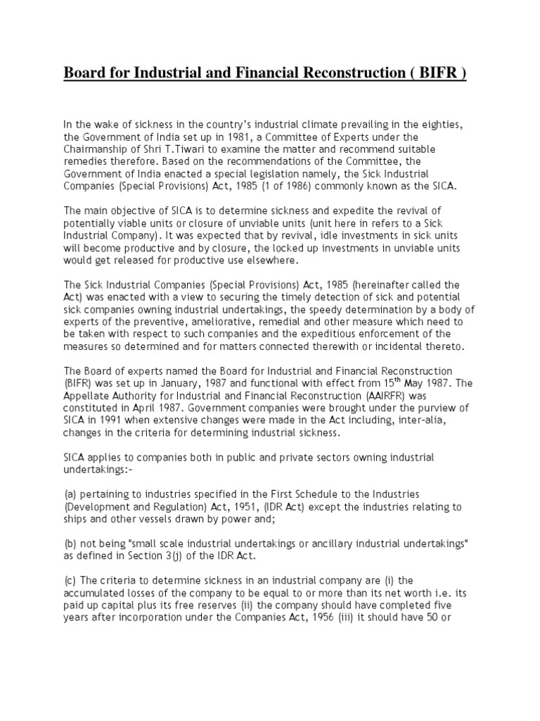 Board For Industrial and Financial Reconstruction (BIFR) | PDF ...