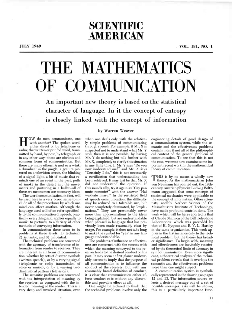 The Mathematics of Communication | PDF | Entropy | Channel (Communications)