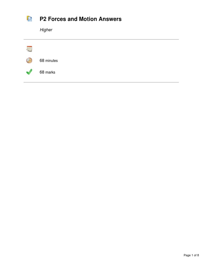 P2 Forces and Motion Higher Answers | PDF | Drag (Physics) | Velocity