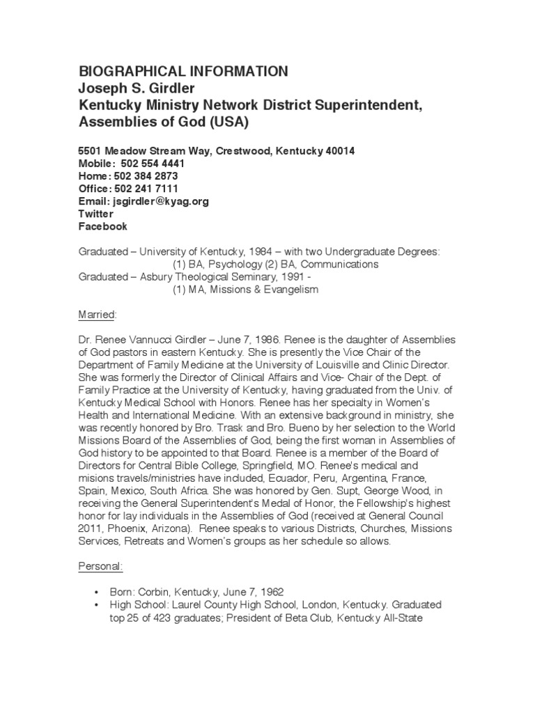 Superintendant Joseph S. Girdler Bio | PDF | Born Again | Baptism
