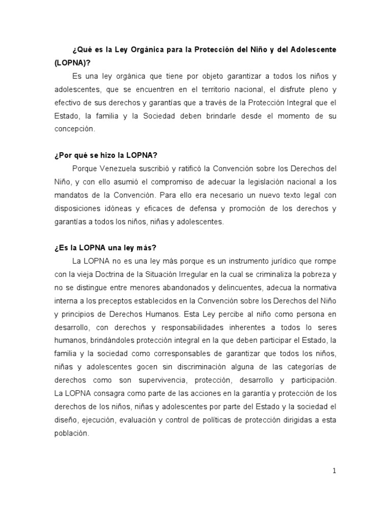 ¿Que Es La Lopna? | PDF | Convención de los Derechos del Niño | Derecho ...