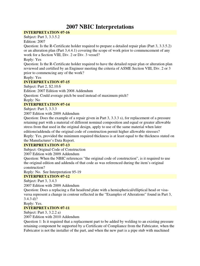 2007 NBIC Interpretations: Interpretation 07-16 | PDF | Pipe (Fluid ...