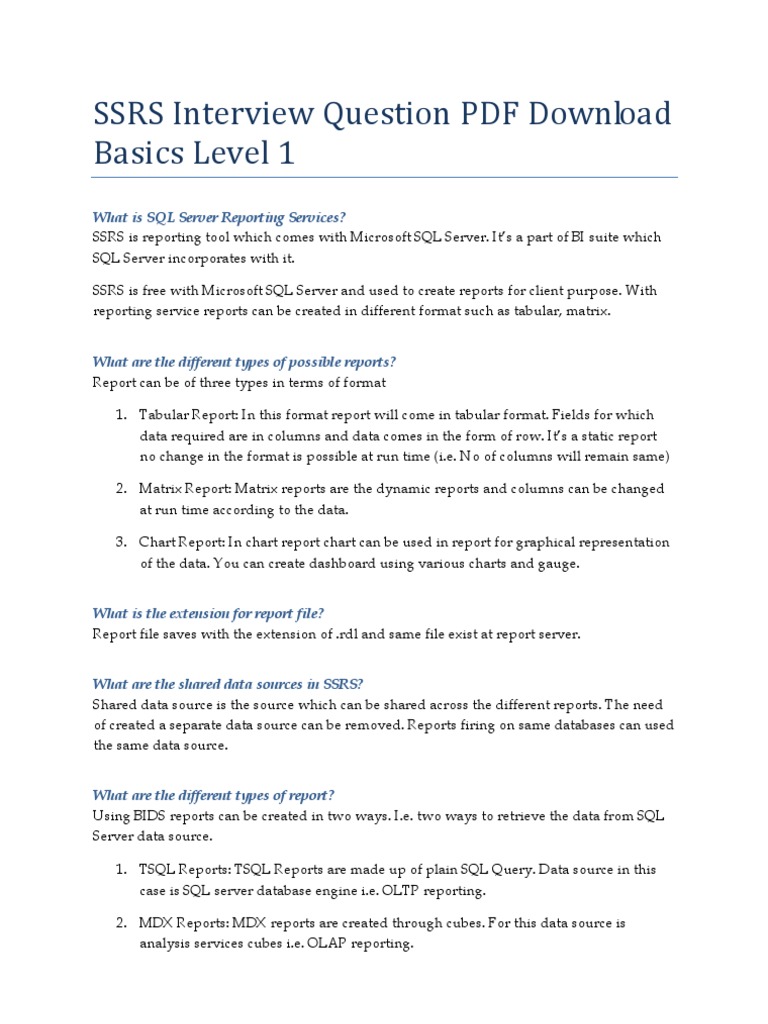 Ssrs Interview Question And Answers Basics Part 1 Pdf Microsoft Sql Server Information