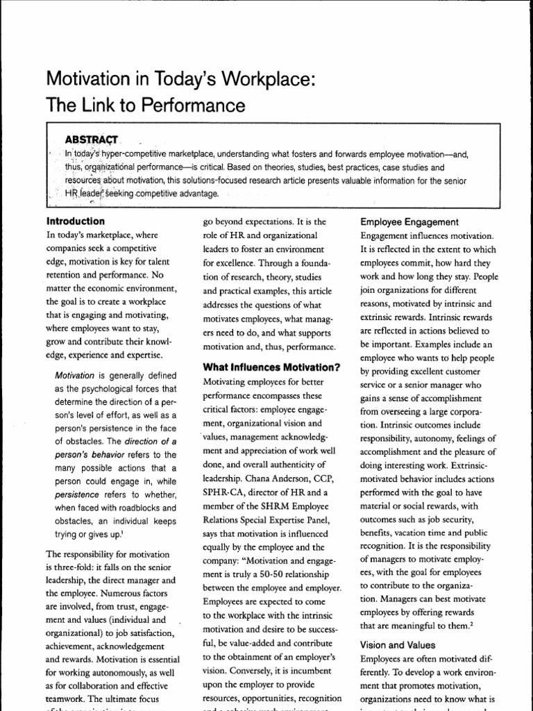Motivation in Today's Workplace | PDF | Motivation | Motivational