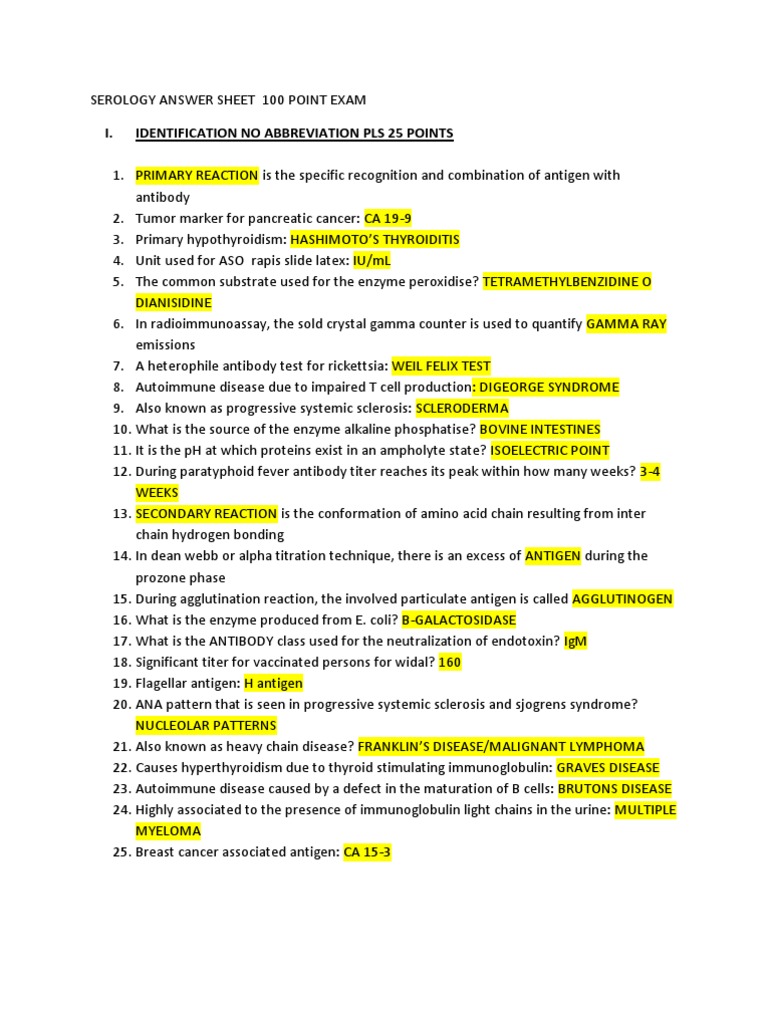 Serology Answer Sheet 100 Point Exam | PDF | Antibody | Antigen