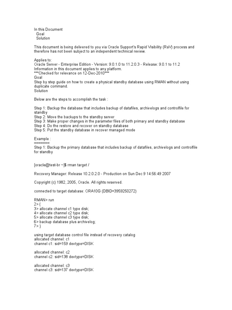 Step by Guide Rman For Dataguard-ID 469493.1 | PDF | Oracle Database | Backup