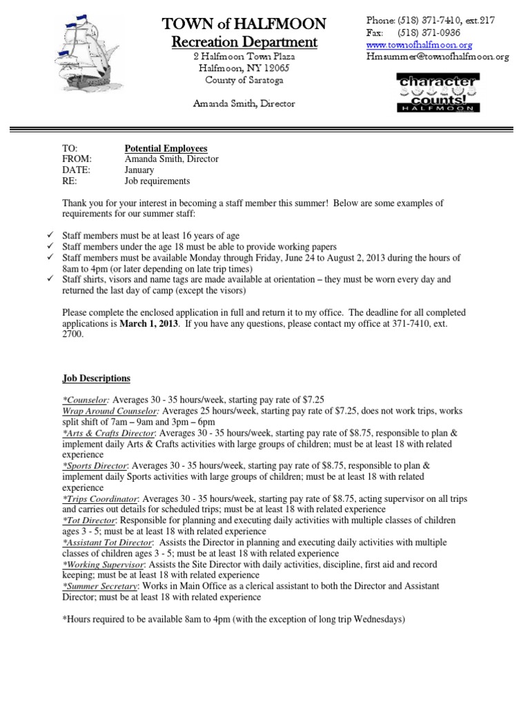 Halfmoon Recreation Summer Camp Employment Application | PDF | Business ...