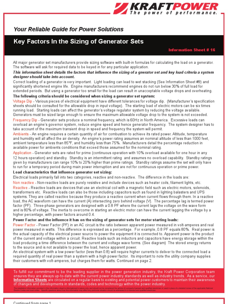 Key Factor Sizing Generator | PDF | Ac Power | Electric Generator