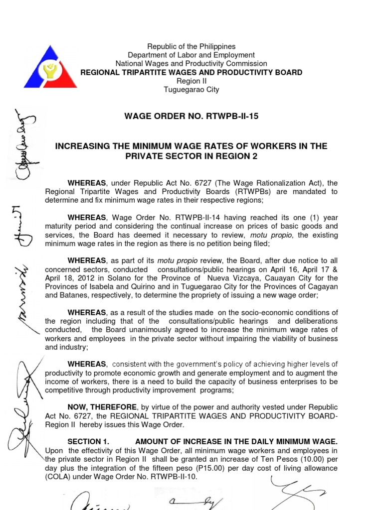 Wage Order No. Rtwpb-II-15 | Wage | Employment