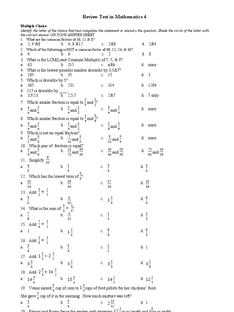 Review Test in Grade 4 Math | Fraction (Mathematics) | Multiple Choice
