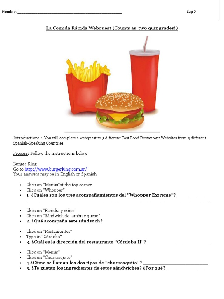 Fast Food Webquest - Spanish | PDF | Industria de alimentos | Comida rápida