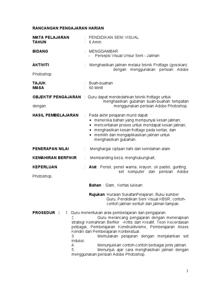 Contoh Rancangan Pengajaran Harian PSV KSSR | PDF | Karier & Perkembangan