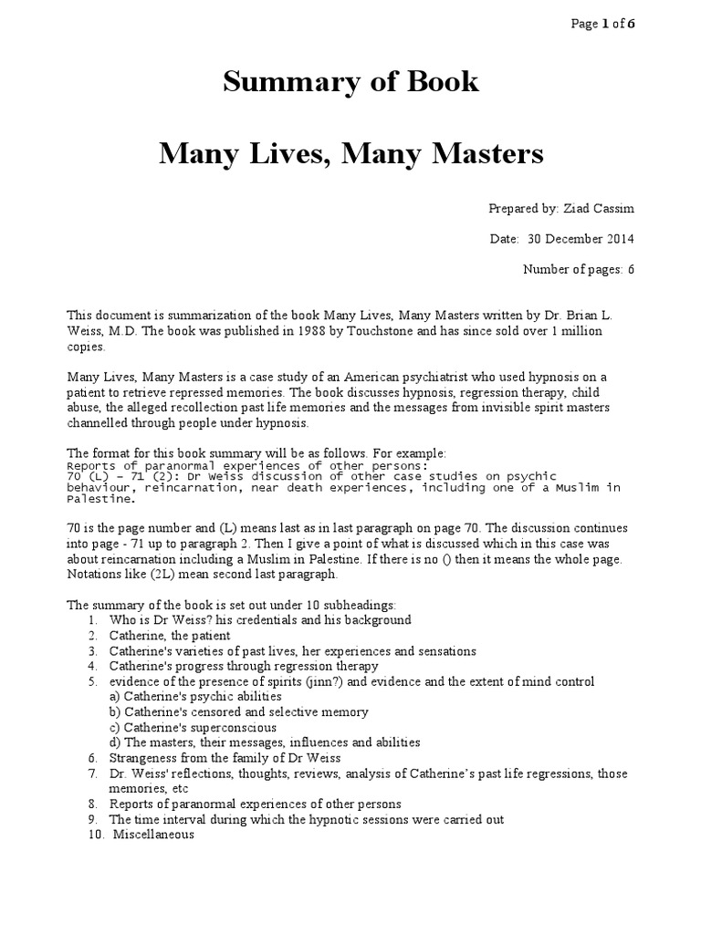 Summary of Many Lives, Many Masters | PDF | Past Life Regression | Hypnosis Summary of Many Lives, Many Masters | PDF | Past Life Regression | Hypnosis