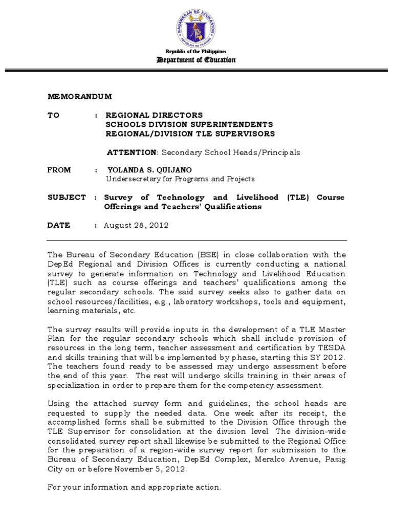 Survey of Technology and Livelihood Tle Course Offerings and Teachers ...