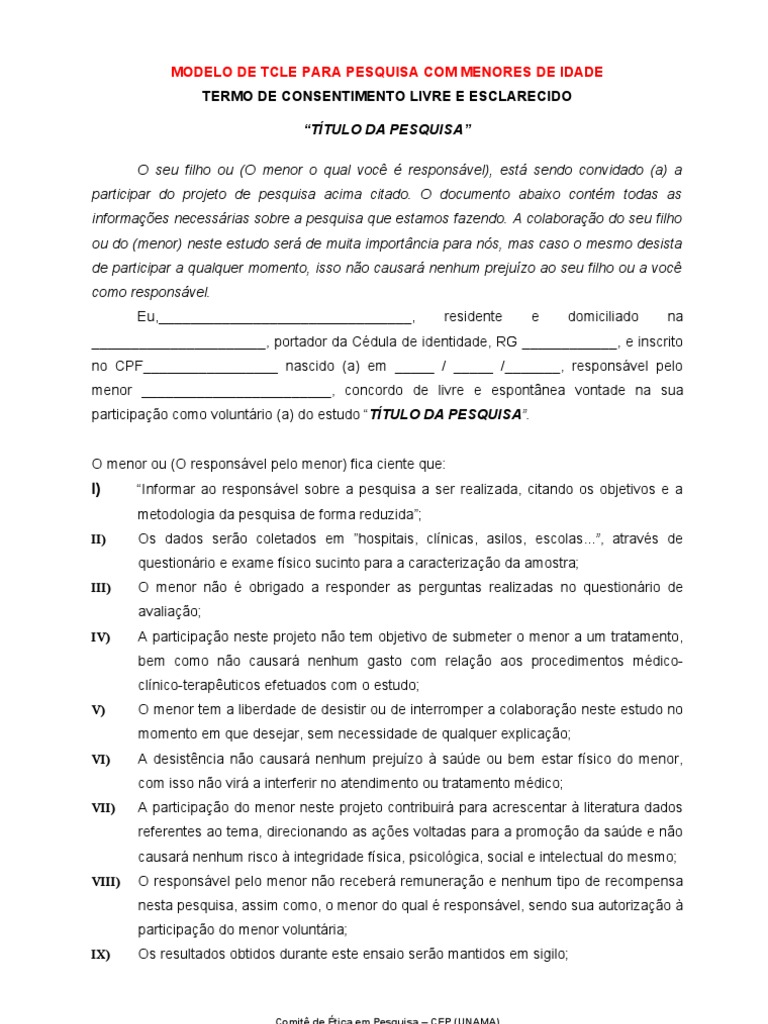Modelo de Tcle para Menor | Física | Bem-estar