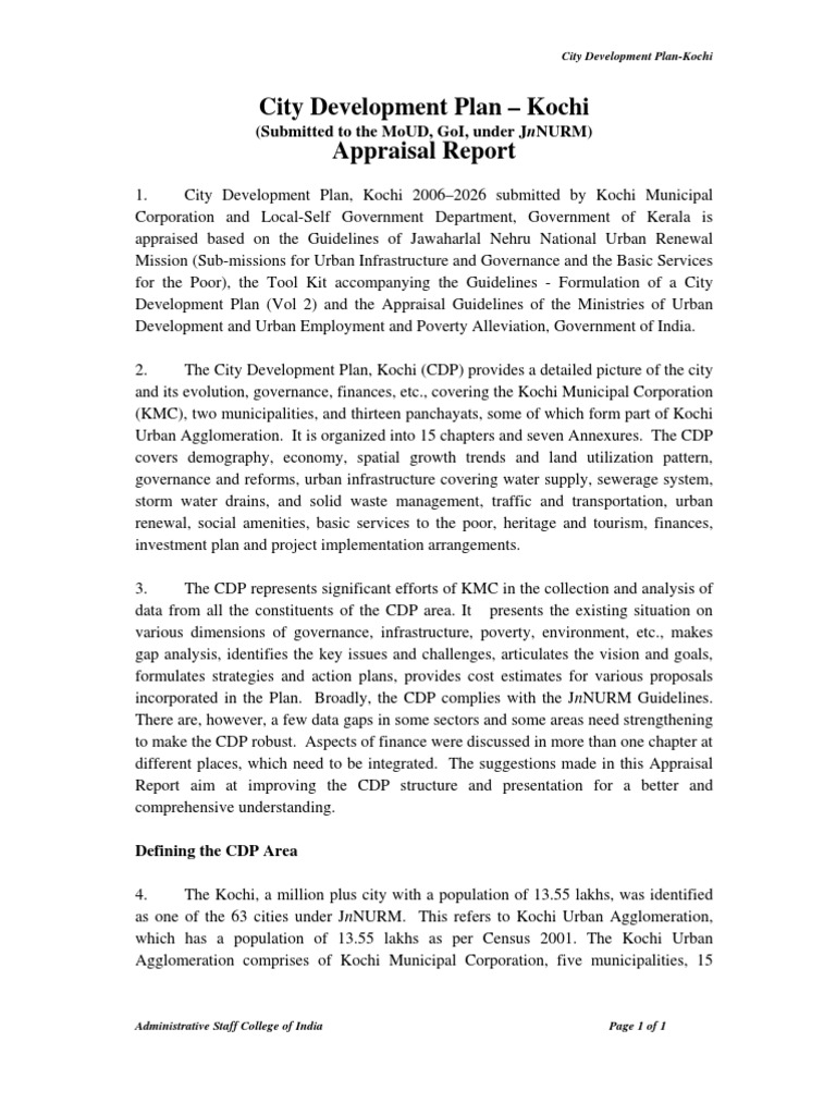City Development Plan - Kochi Appraisal Report: (Submitted To The Moud ...