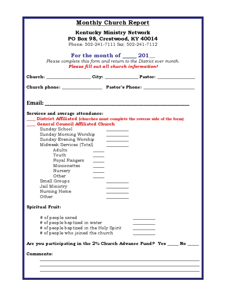 Blank Monthly Church Report Form | PDF