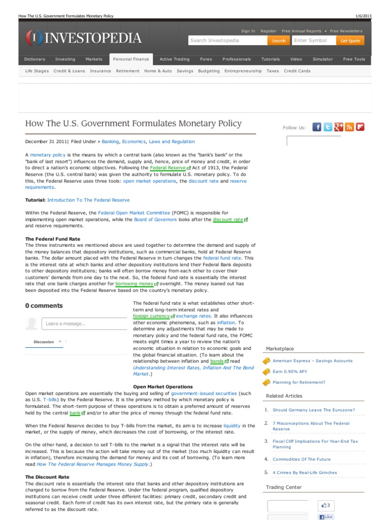 How The U.S. Government Formulates Monetary Policy | PDF