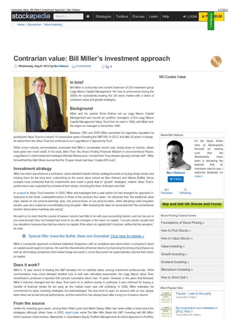 Contrarian Value Bill Miller's Investment Approach Ben Hobson | PDF ...
