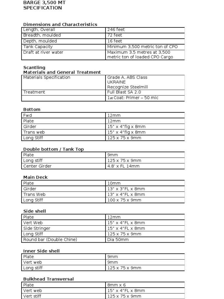 3,500 MT Barge Specifications | PDF | Engines | Hull (Watercraft)