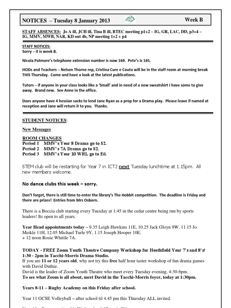 2013 Tuesday Notices | PDF | Leisure | Schools