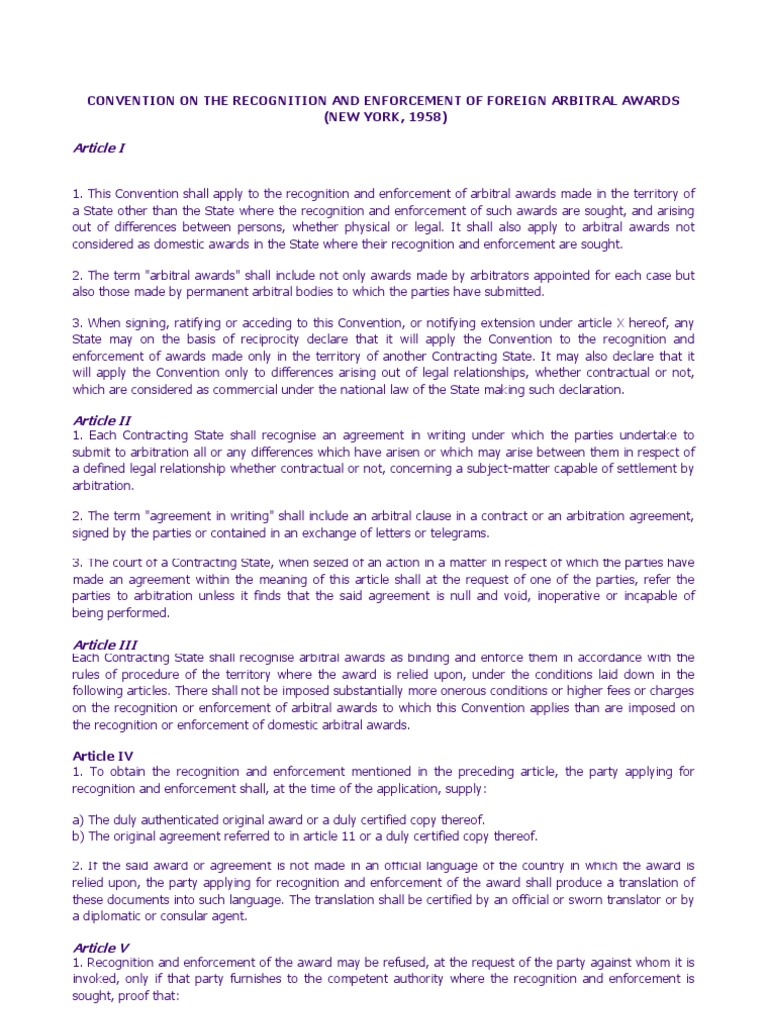 Convention On The Recognition and Enforcement of Foreign Arbitral Awards | PDF | Arbitration ...