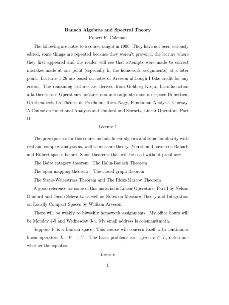 Banach Algebras and Spectral Theory (Lectures) - Coleman | PDF | Banach Space | Hilbert Space