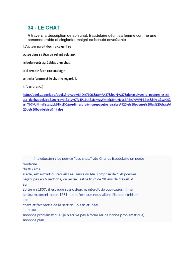 Analyse du poème "Le Chat" de Baudelaire | PDF | Les Fleurs du mal ...