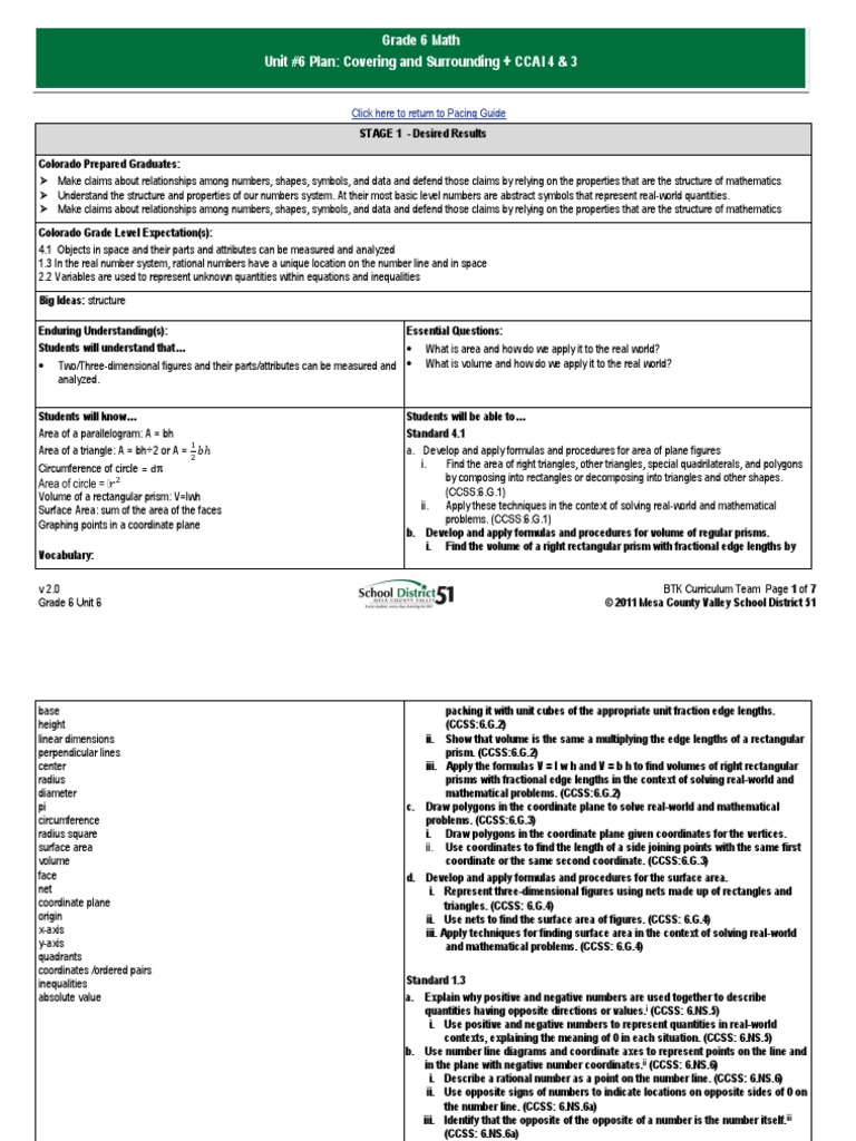 6th Grade Math - Covering and Surrounding Unit Plan | PDF | Area | Triangle