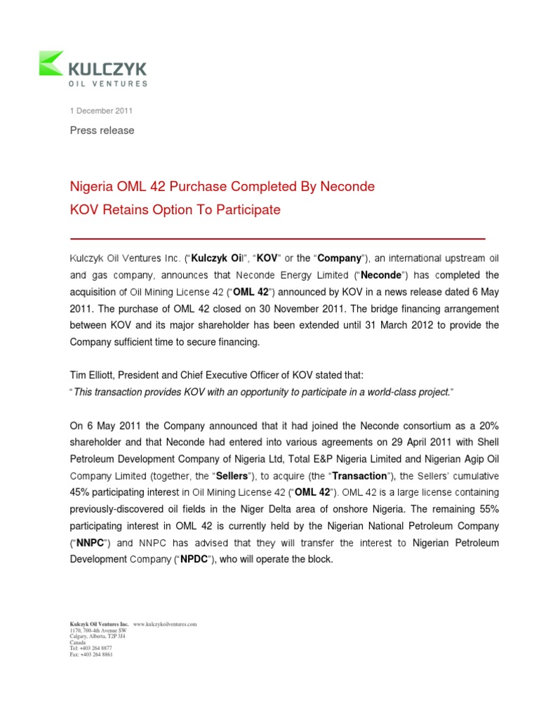 Nigeria OML 42 Purchase Completed | Mergers And Acquisitions | Nigeria