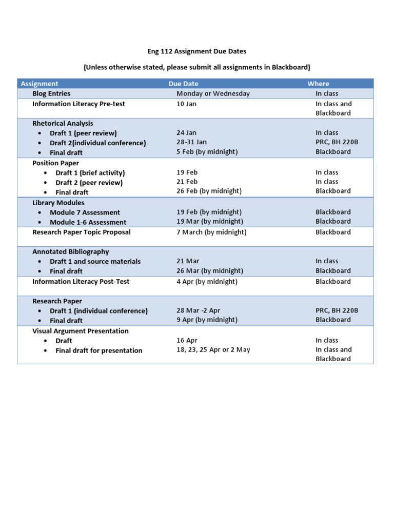 Assignment Due Dates Pdf