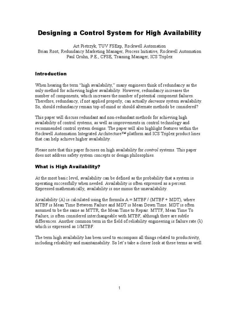 Designing A Control System For High Availability | PDF | Fault ...