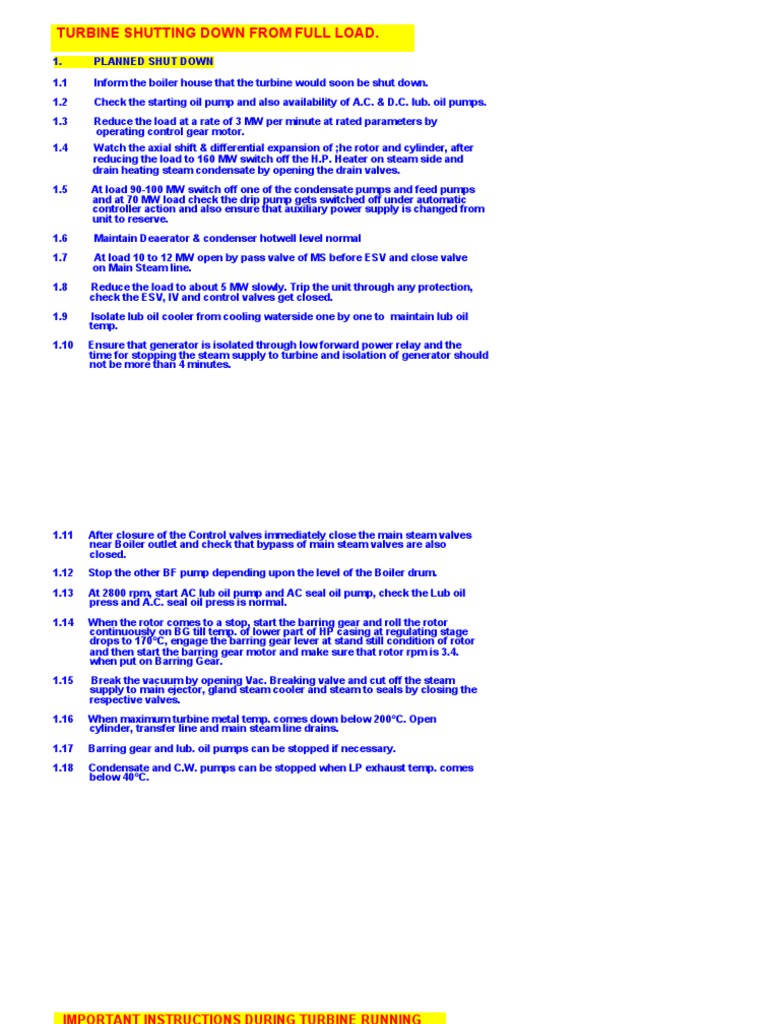 Turbine Shutdown Procedures and Guidelines | PDF