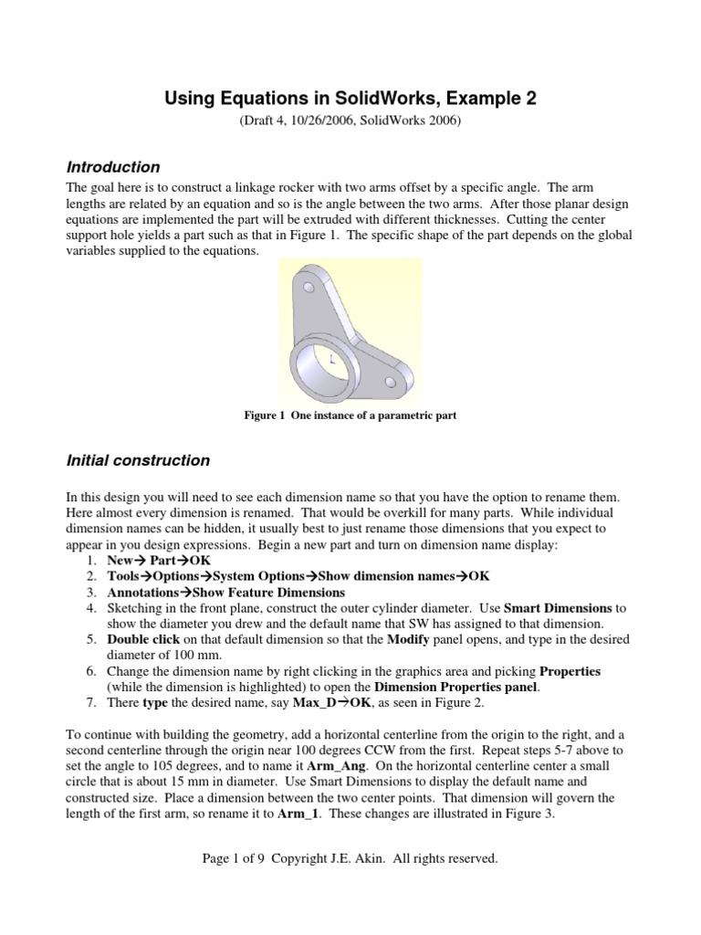 Using Equations in Solidworks, Example 2: Figure 1 One Instance of A Parametric Part | PDF ...