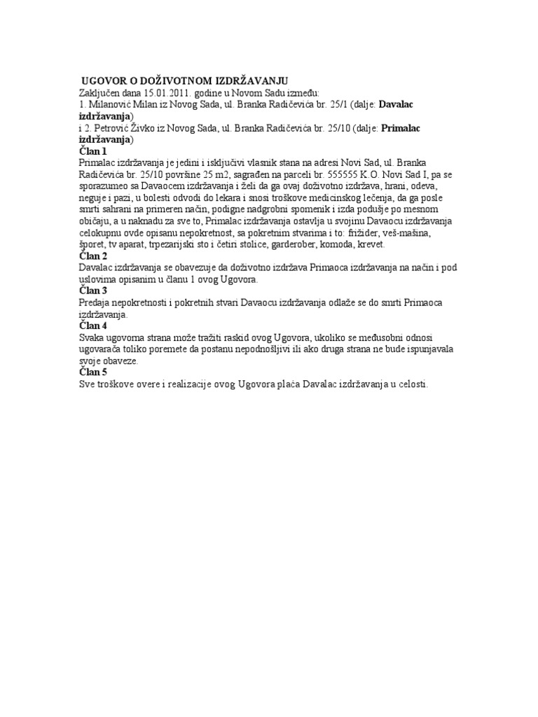 Ugovor o Dozivotnom Izdrzavanju | PDF