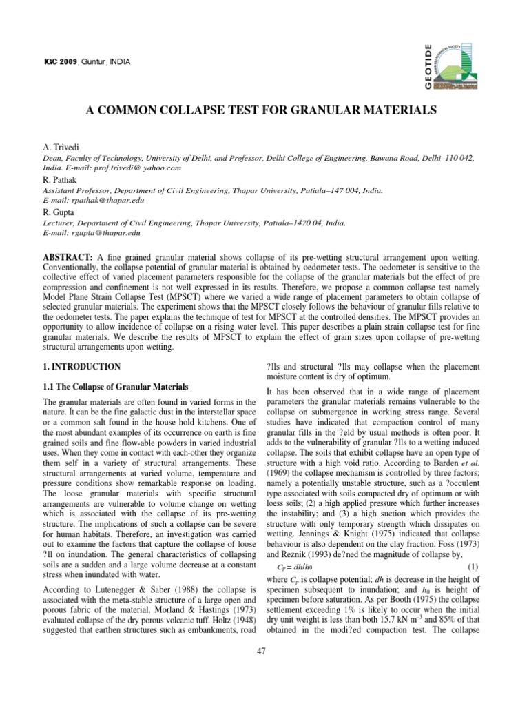 A Common Collapse Test For Granular Materials | PDF | Sand | Volcanic Ash
