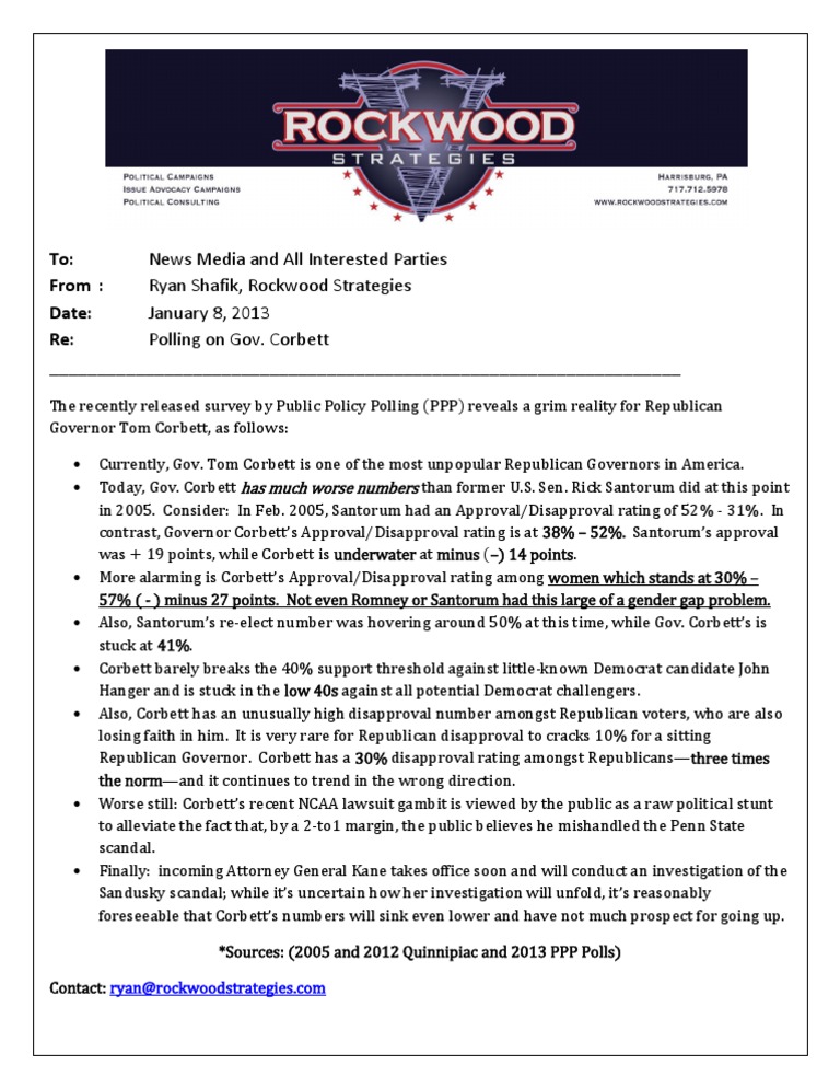 Rockwood Strategies Polling Memo On PA Gov. Tom Corbett. | PDF ...