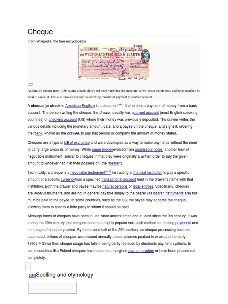 Cheque: Spelling and Etymology | PDF | Cheque | Payments