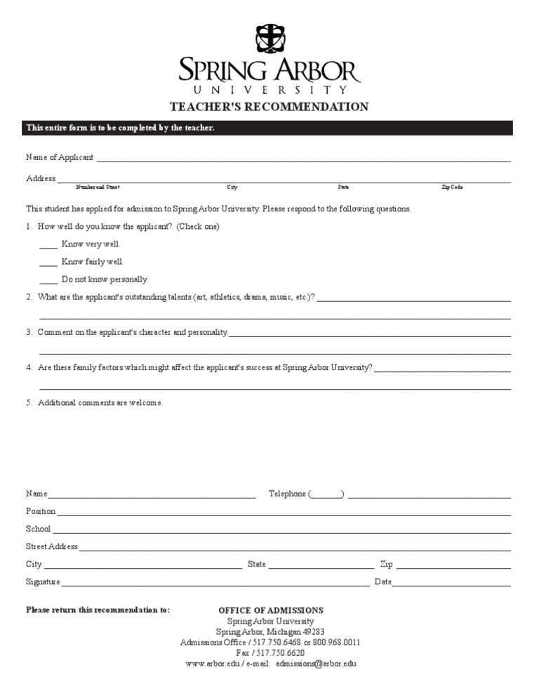 Teacher Recommendation Form | PDF