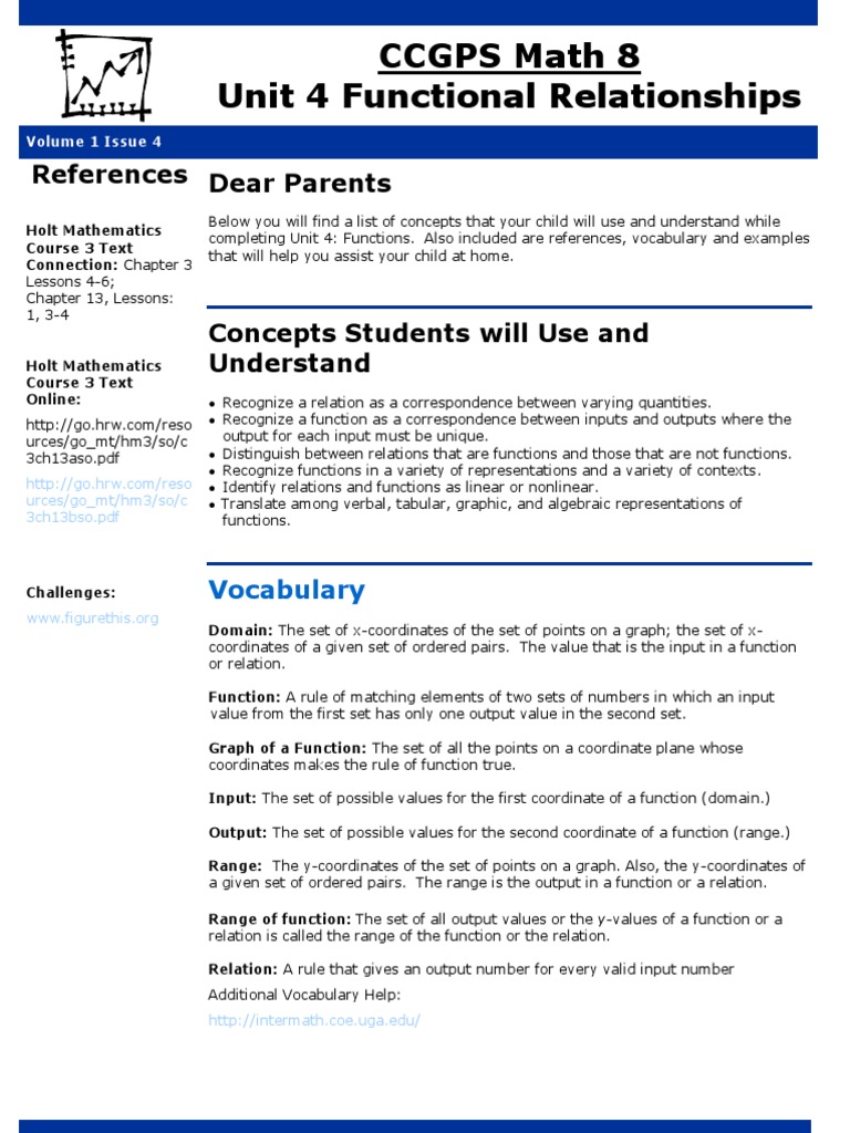 CCGPS Math 8 Unit 4 Functional Relationships: References Dear Parents ...